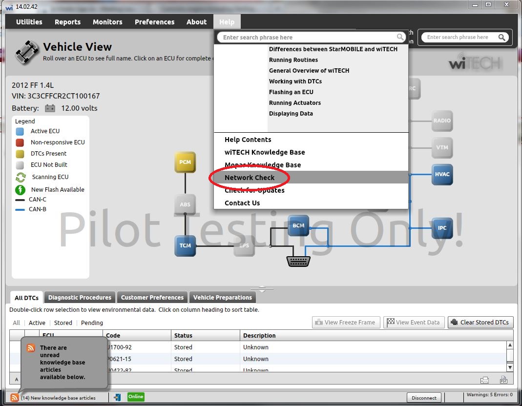 New “Network Check” feature in wiTECH Diagnostic Application - wiTECH 2.0 Knowledge Base